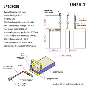 EEMB Lithium Polymer Battery 3.7V 1500mAh 103050 Lipo Rechargeable Battery Pack with Wire JST Connector for Speaker and Wireless Device- Confirm Device & Connector Polarity Before Purchase