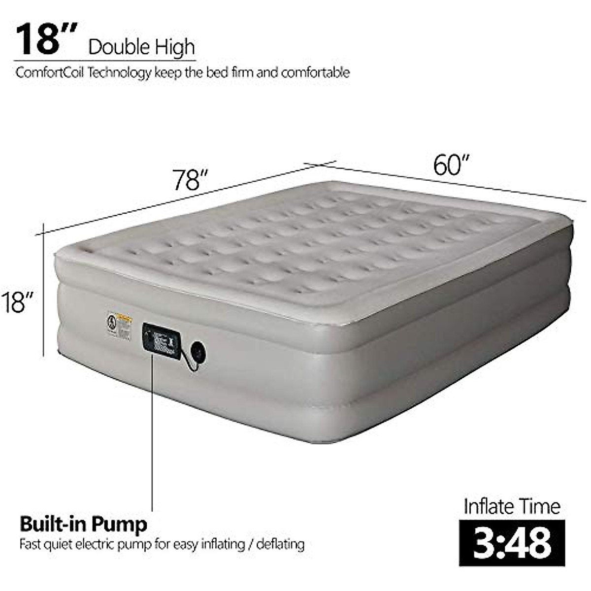 Simpli Comfy Inflatable 18” Queen Air Mattress with Built in Pump Self Inflating Blow Up Durable Heavy Duty Stay Firm Comfortable Air Bed Elevated for Home Guest Travel Relocate Camping