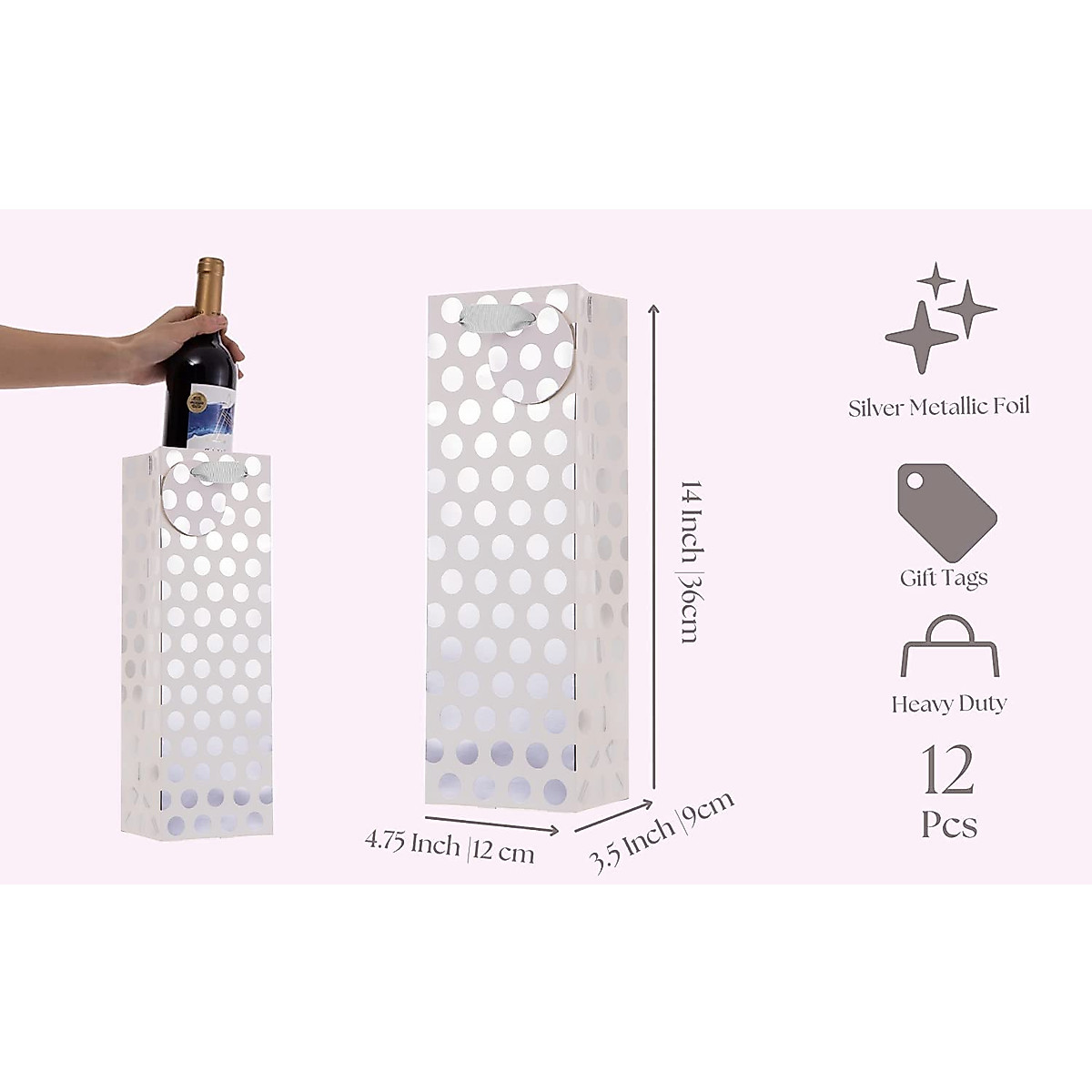 UNIQOOO 12Pcs Premium Quality Gold & Silver Metallic Foil Polka Dots Wine Gift Bag Bulk, w/Gift Massage Tag,100% Recyclable Paper,14"x4.75"x3.5" Wine Carrier Bags Tote Gift Bags, Party Gift Wrapping