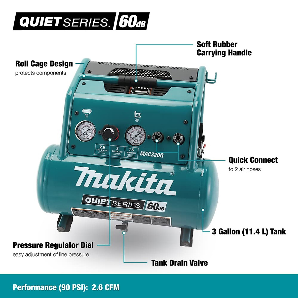 Makita MAC320Q Quiet Series 1-1/2 HP, 3 Gallon, Oil-Free, Electric Air Compressor