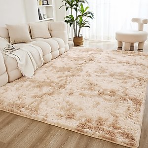 Litanika 4x6 Shag Area Rug for Living Room Bedroom, Tie-Dyed Beige Fluffy Shaggy Fuzzy Nursery Kids Girls Boys Room Rug, Cream Soft Plush Furry Bedside Carpet, Non-Slip, Non-Shedding Indoor Floor Rug
