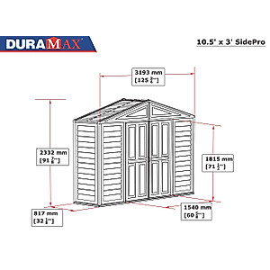 Duramax SidePro 10.5 Ft. x 3 Ft. Vinyl Garden Storage Shed | Made of Fire Retardant PVC Resin, All-Weather, Waterproof Outdoor Solution, Store Bikes, Tools, BBQ, Home Gym | Strong Metal Roof Structure