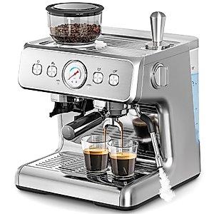 Kismile Espresso Machines with Grinder, 20 Bar Professional Espresso Maker with Milk Frother Steam Wand & Removable Water Tank for Latte and Cappuccino, Espresso Coffee Maker for Home(Stainless Steel)
