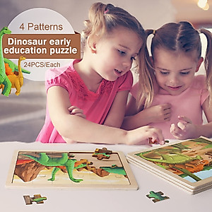 BESTAMTOY Wooden Dinosaur Puzzles for Kids Ages 3-5.4 Packs 24 PCs Jigsaw Puzzles Preschool Educational Brain Teaser Boards Toys Montessori Toys for 3 Years Old and Up