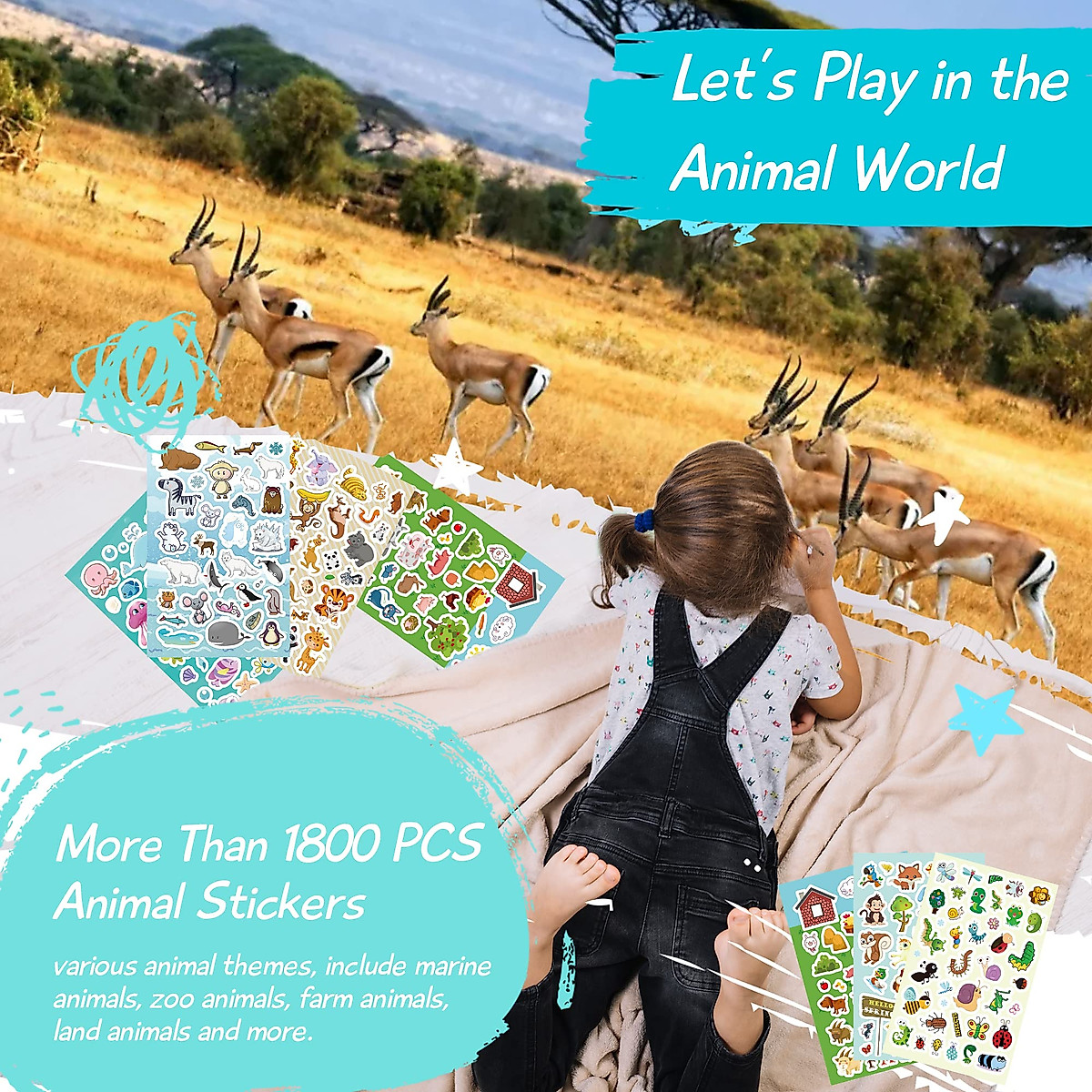 Sinceroduct Animal Stickers Assortment Set, 8 Sheets (1800+ Count), 16 Themes Collection for Kids, Children, Teacher, Parent, Grandparent, School