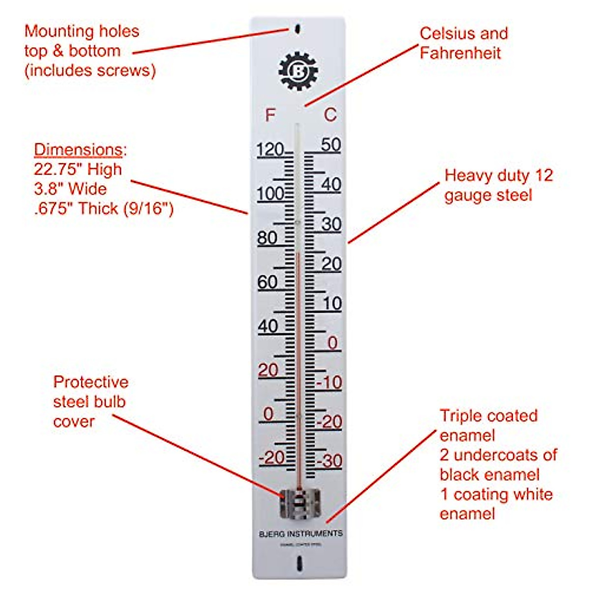 Bjerg Instruments White Enamel Coated Steel Extra Large Heavy Duty 22.75 Inch Outdoor Decorative Wall Thermometer and Temperature Gauge