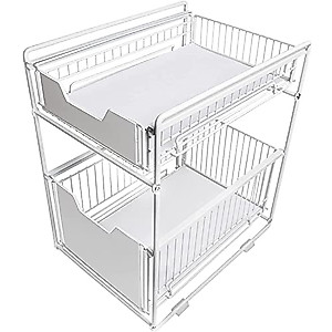 YUEGOO Kitchen Sinks Solid Under Sink Storage Rack, Under Sink Organizers and Storage with Sliding Drawer Suitable for Kitchen Storage Savers Under Sink Rack Shelf/White/37.4 * 26.5 * 44cm