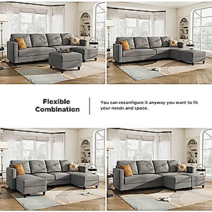 HONBAY U Shaped Sectional Sofa Convertible Couch with Double Chaises 4 Seat Sofa with Ottomans for Living Room, Light Grey