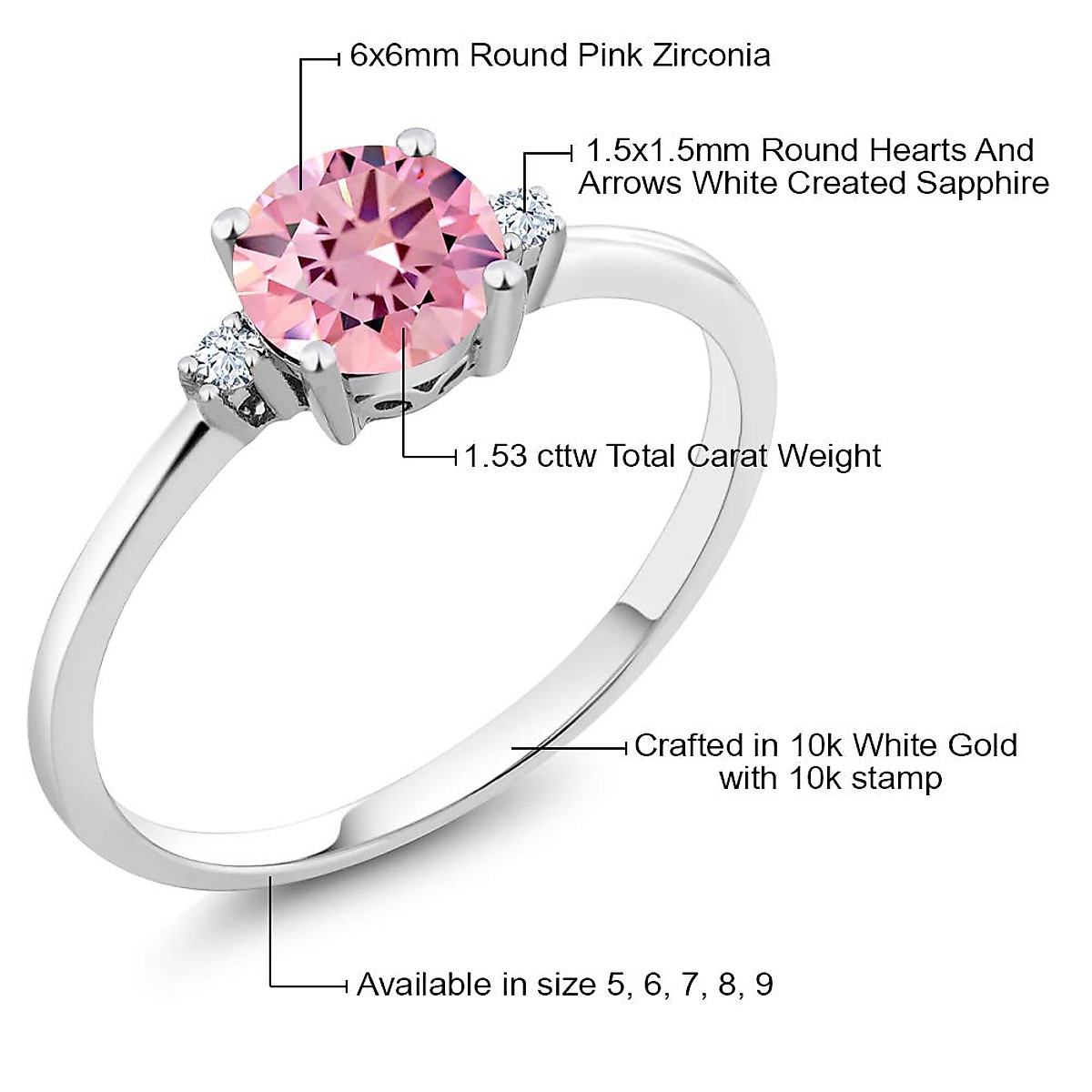Gem Stone King 10K White Gold Pink Zirconia and White Created Sapphire Solitaire Engagement Ring For Women (1.53 Cttw, Round 6MM, Gemstone Birthstone, Size 8)