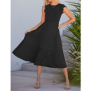 MEROKEETY Women's Summer Smocked Midi Dress Flutter Sleeve Elastic Waist Tiered Midi Long Dress,Black,XS