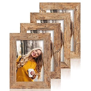 iRahmen 4x6 Picture Frame Set of 4, Rustic Brown with Real Glass 4 x 6 Photo Frames for Desktop Display and Wall Mounting
