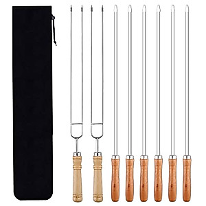 Metal Skewers for grilling 8 PCS, Stainless Steel BBQ Sticks with Wooden Handle 16 inch Kabob Skewer with Campfire Roasting Bag (Wooden)