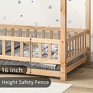LLS Twin Montessori Bed Frame, Wooden House Bed with Fence and Roof, Floor Bed for Boys Girls Bedroom, Natural