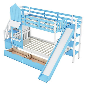 Kids Bunk Bed with Stairs and Slide, Wood Twin Over Twin Bunk Bed with Storage Drawers and Shelves, Castle Style Bunk Beds for Kids Teens Girls Boys, Blue