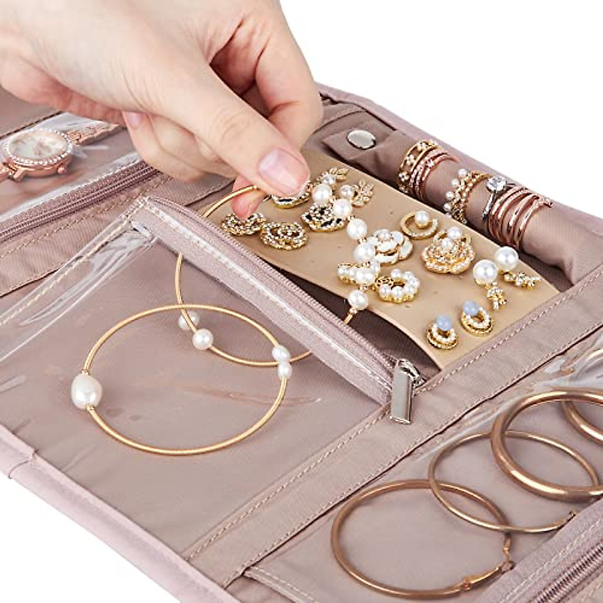 BELALIFE Travel Jewelry Case Organizer, Foldable Jewelry Storage Roll for Earrings, Necklaces, Rings, Bracelets, Brooches, Pink