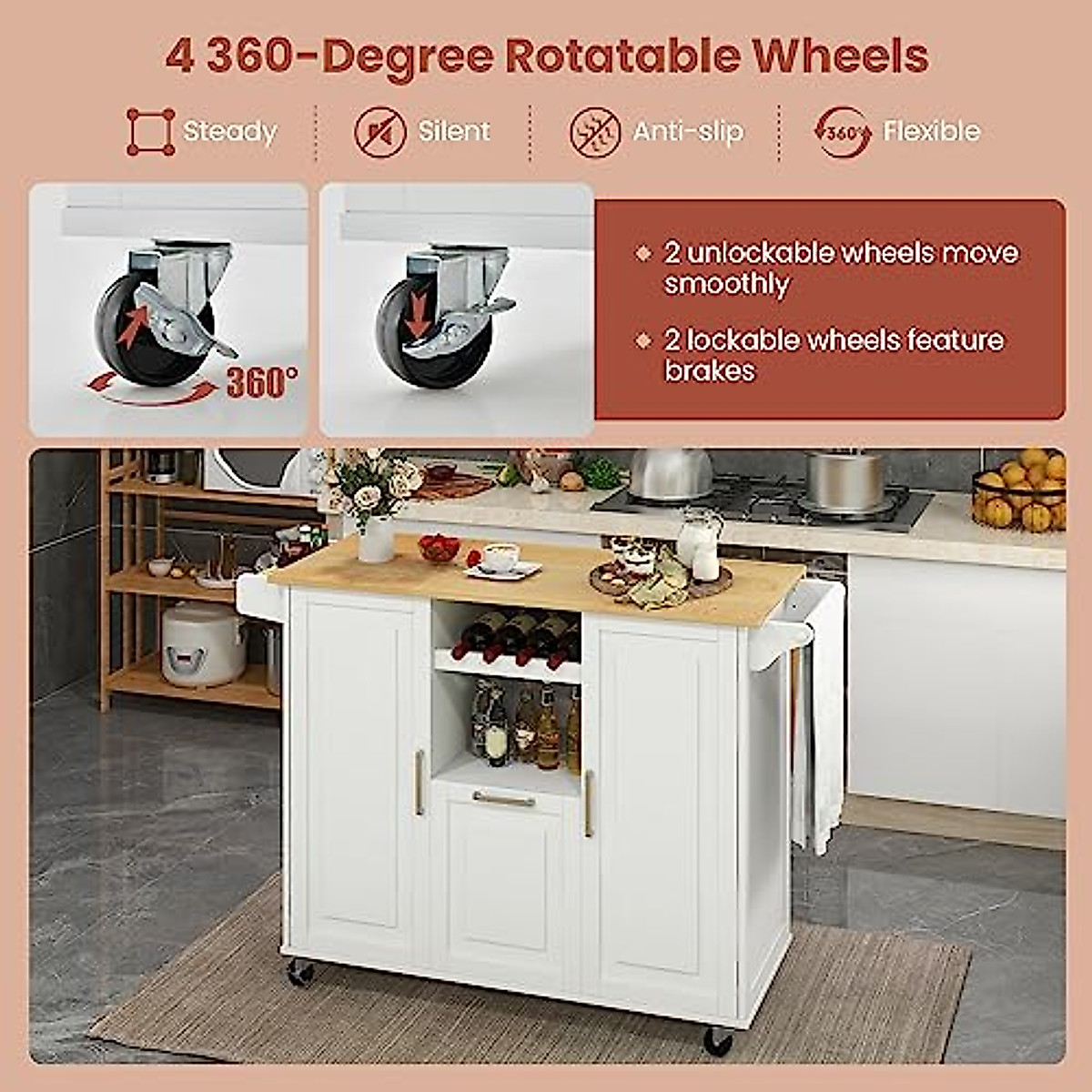 Giantex Mobile Kitchen Island with Drop Leaf, Rolling Island Table with Rubber Wood Top, Storage Cabinets, Deep Drawer, Wine Bottle Rack, Spice Rack, Serving Cart for Dining Room Bar (White)