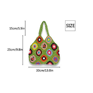 Straw Bag for Women Shoulder Bag Travel Beach Fishing Net Woven Handmade Straw Bag Crochet Tote Bag Shopping (Flower-Black)