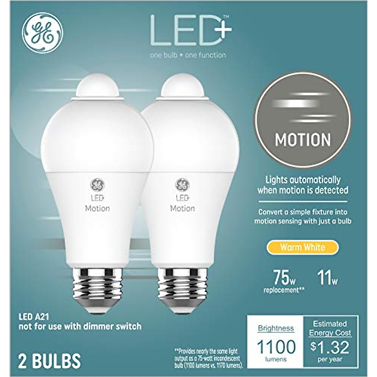 GE LED+ Motion Sensor LED Light Bulbs, Security Light, Warm White, A21 Standard Bulbs (2 Pack)