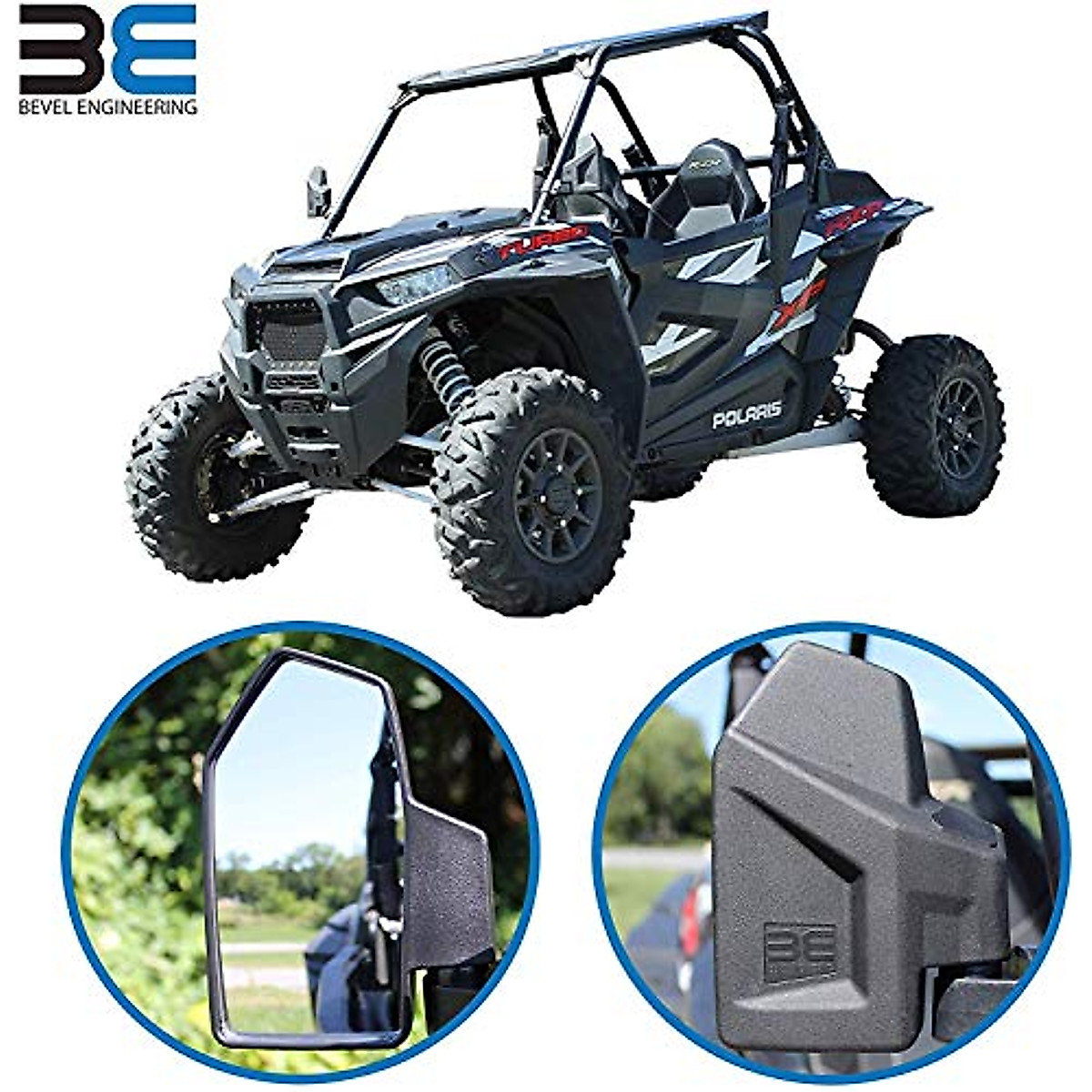 Bevel Engineering UTV Rear View Side Mirror Kit (2 Pack) - Compatible With 1.6" - 2" Round Roll Cage Bar - Break Away & Adjustable - High Impact Shatter Proof Tempered Glass (Driver & Passenger Side)