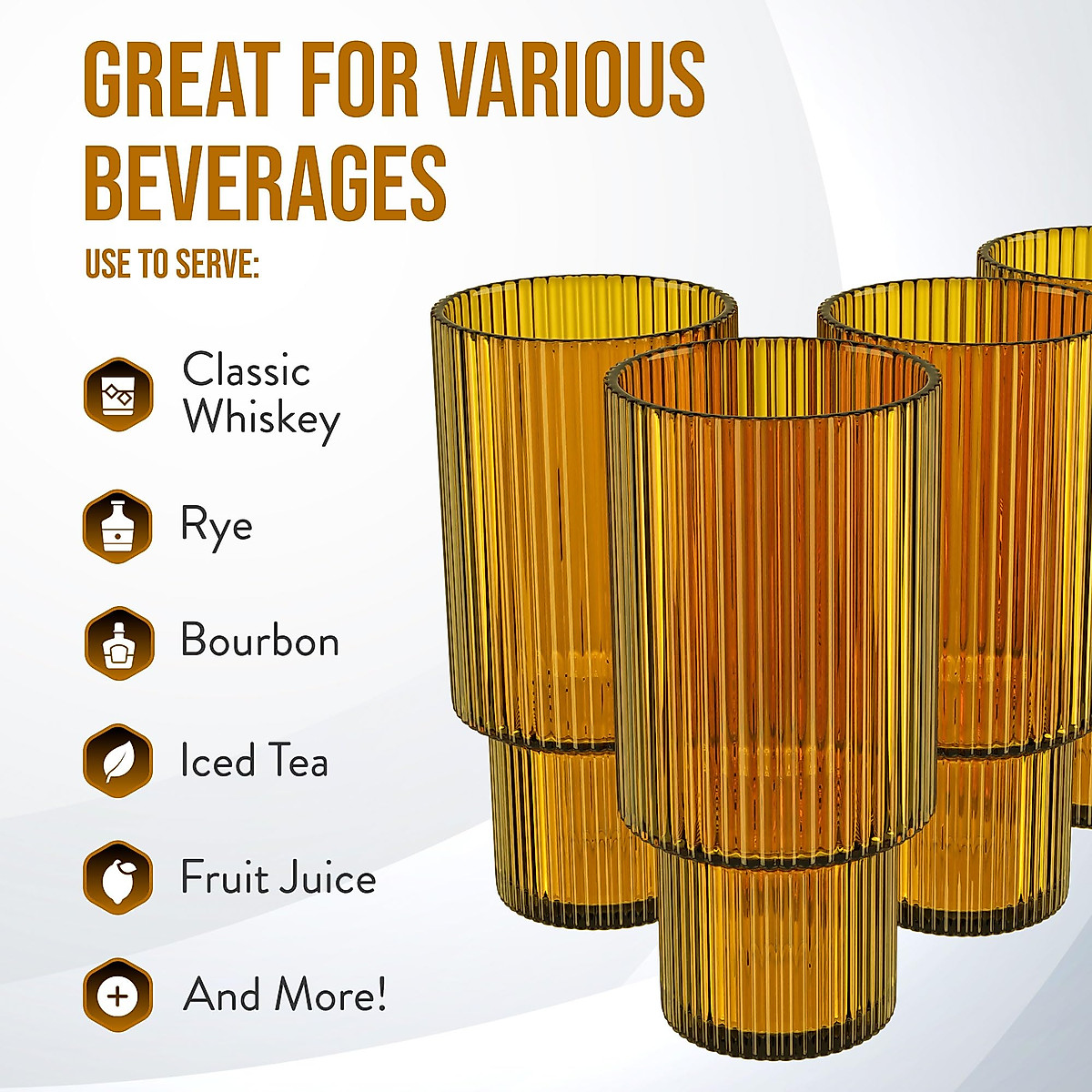 American Atelier Vintage Art Deco Fluted Drinking Glasses | Ribbed Glassware for Cocktail, Gin, Whiskey, & More | Modern Glassware | Lowball Fluted Cocktail Glasses | Set of 4 (11 oz, Amber)