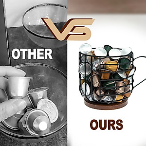 CAMATET Coffee Pod Holders, Black Wire Storage Basket with Wooden Base for Storing K Cups, Espresso Capsules, Coffee Creamer, Keurig Kcup Pods Organizer, Coffee Bar Accessories (With Handles)