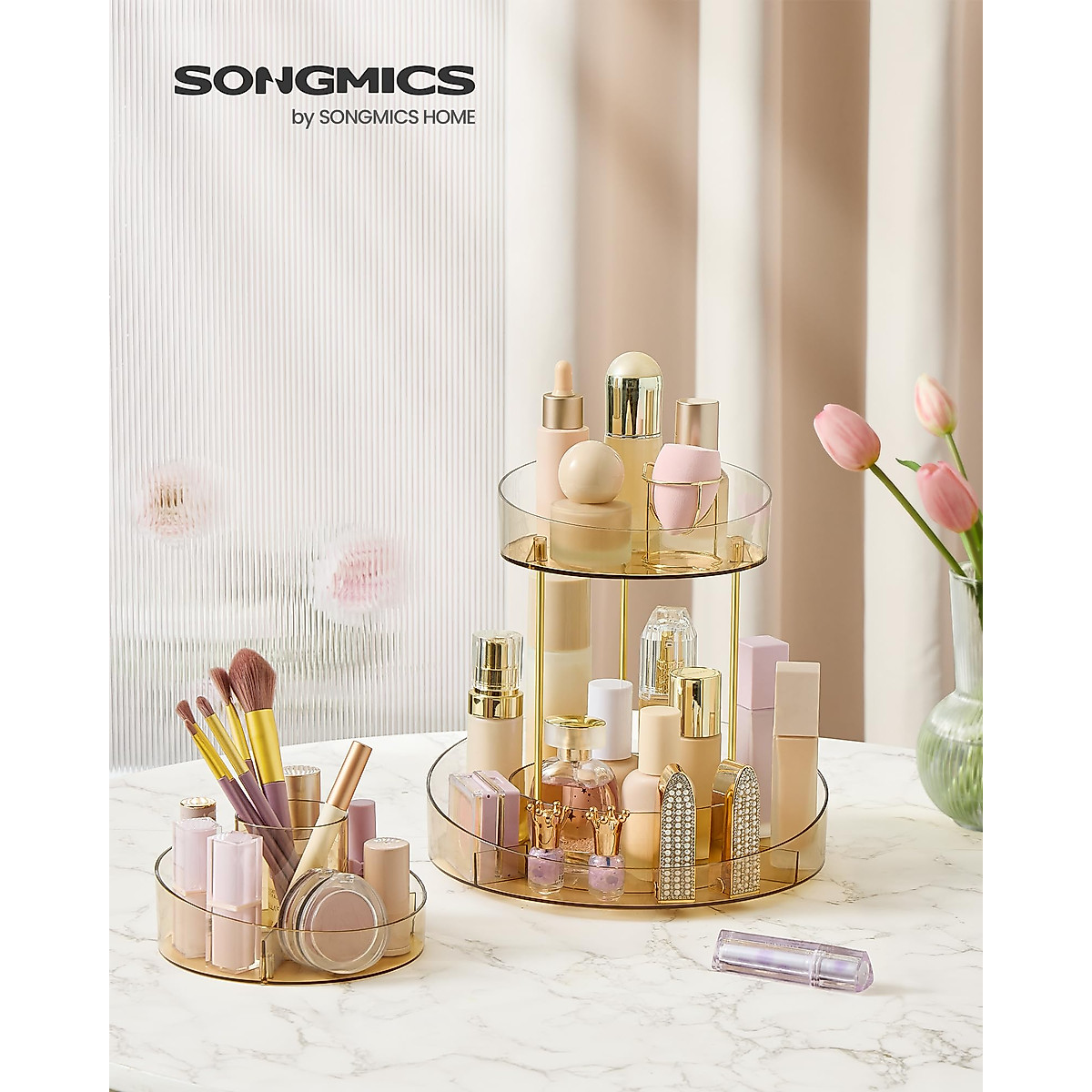 SONGMICS Makeup Organizer, 2-Tier Round Rotating Skincare Organizer, Extra Top Tray Included, Customizable, Large Capacity, Toiletries Vanity Organizer, Champagne Gold UJKA027A01