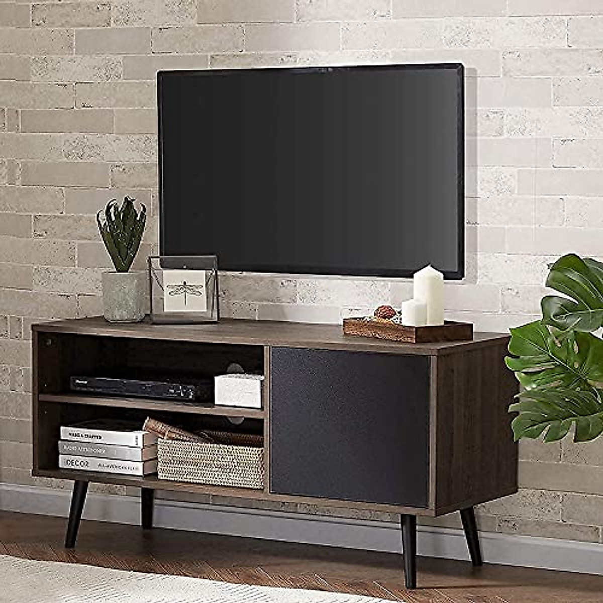 Mid Century Modern TV Stand for 55 inch Flat Screen, Wood TV Cabinet Media Console with Storage, Home Entertainment Center for Living Room Bedroom, 50'' Black/Espresso