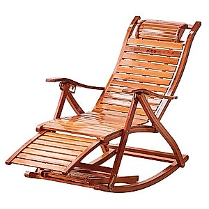 MOOTEK Folding Bamboo Rocking Chair, Old Man Lunch Break Solid Wood Lounge Chair, 5 Adjustable Back Chairs, with Armrest Foot Massage Pillow, Portable Outdoor Beach Terrace Chair
