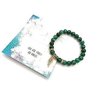 Smiling Wisdom - Angel Wing Appreciation Kindhearted Thank You Keepsake Greeting Card and Stretch Stone Bracelet - Green Rain Flower Stones - 7.5 inches Medium