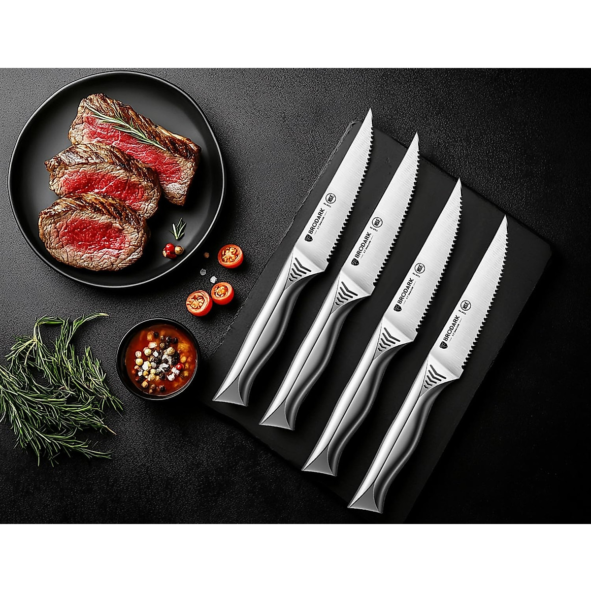 BRODARK Steak Knives Set of 8, 4.5 Inch Serrated Steak Knives, High Carbon Stainless Steel Kitchen Steak Knife Set, Never Need Sharpening, NSF Certified, Shark Series