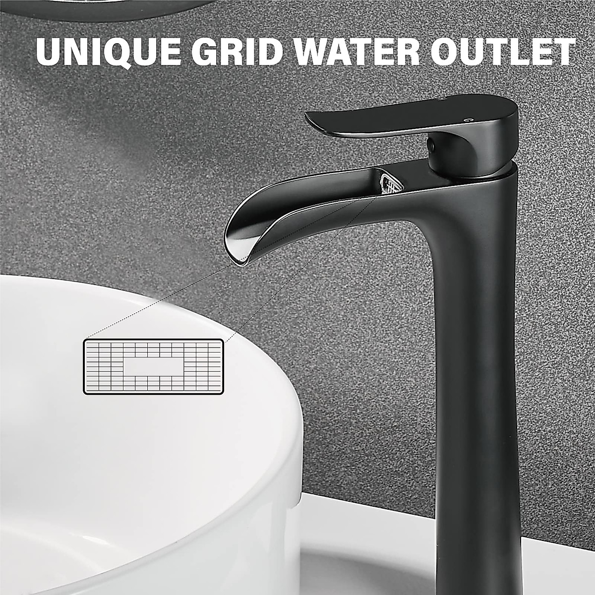 Vessel Sink Faucet,YUNDOOM,Matte Black Bathroom Faucet,Single Hole Bathroom Sink Faucet,Tall Bathroom Faucet Single Handle,Bathroom Bowl Sink Faucet,Waterfall Bathroom Faucet