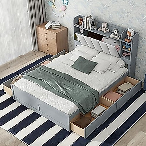 DNYN Queen Size Platform Bed with Storage Shelves & 4 Drawers & Upholstery Headboard Design,Multifunctional Wooden Bedframe w/Wood Slat Support,Super Save Space,Perfect for Bedroom,Guest Room, Gray