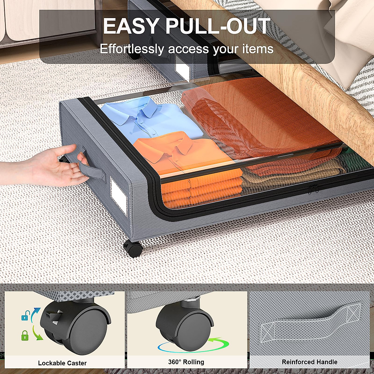 GoMaihe Under Bed Storage with Wheels: XXL 48L Underbed Storage Containers with Lids - Rolling Drawers for Shoes Clothes in Dorm Bedroom - Space-Saving Easy Pull-out Grey 2-Pack