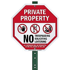 SmartSign 10 x 10 inch “Private Property - No Trespassing, No Soliciting, Offenders Prosecuted” Octagon Yard Sign with 3 foot Stake, 40 mil Laminated Rustproof Aluminum, Red, Black and White, Set of 1
