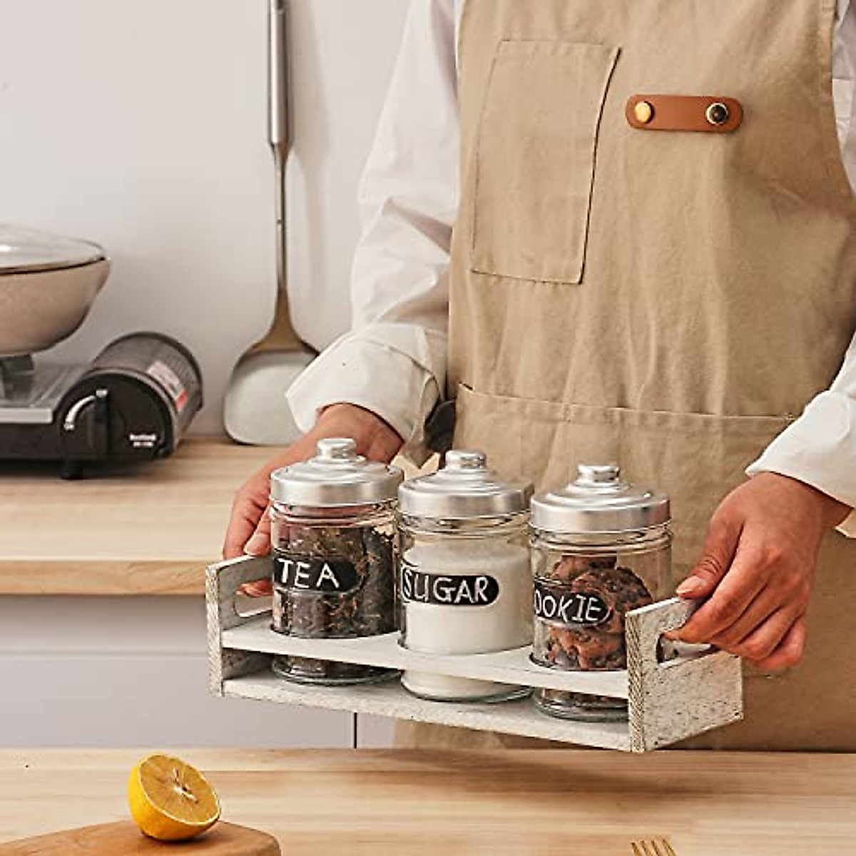 15.5 oz Set of 3 Condiment Pots Food/Seasoning/Spice Storage/Jar/Containers with Label and Aluminum Lid with Wooden Rack/Shelf/Tray/Holder for Kitchen or Coffee Bar, Suitable for Storing Salt, Sugar, Tea etc