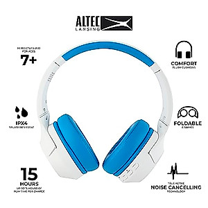 Altec Lansing Kid Safe Noise Cancelling Wireless Headphones 15H Battery, 85dB Volume Limit, Foldable Design Powerful Sound, Active Noise Cancellation Perfect for Kids Ages 7+ (Whiteout Wave Blue)