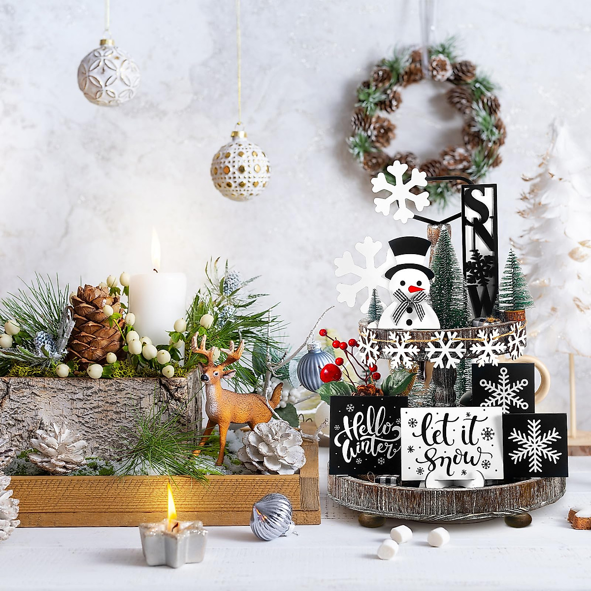 FairySandy 15 Pcs Winter Tiered Tray Decor Set Black and White Snowflake Table Wood Decoration Snowman Wooden Sign Rustic Farmhouse Coffee Bar Signs Winter Tray Decor for Home Xmas Holiday Tabletop