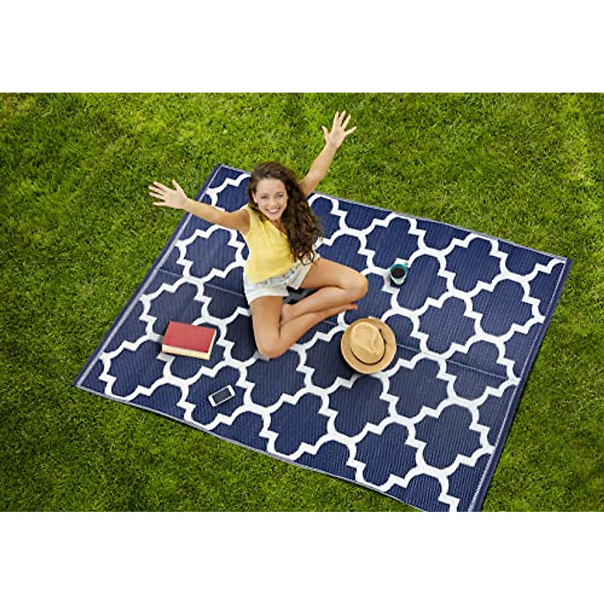 Beverly Rug Trellis Outdoor Rugs 10x13 Waterproof Reversible Plastic Straw Rug Outdoor Carpet, Outside Mat for Patio, Camping, Picnic, Porch, Deck, RV, Beach, Pool, Blue and White