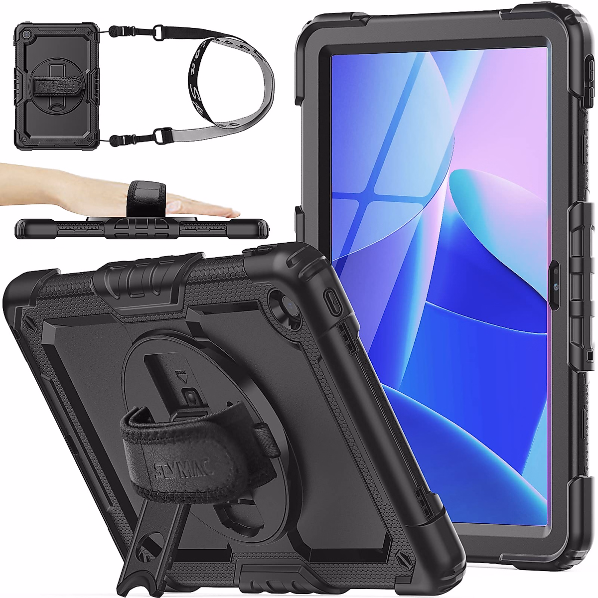SEYMAC stock Drop-Proof Protection Case with 360° Rotate Stand &Strap [Pen Holder] & Screen Protector Tablet Cover for Lenovo Tab M10 Plus 3rd Gen (TB-125F/128F) 10.6", Black