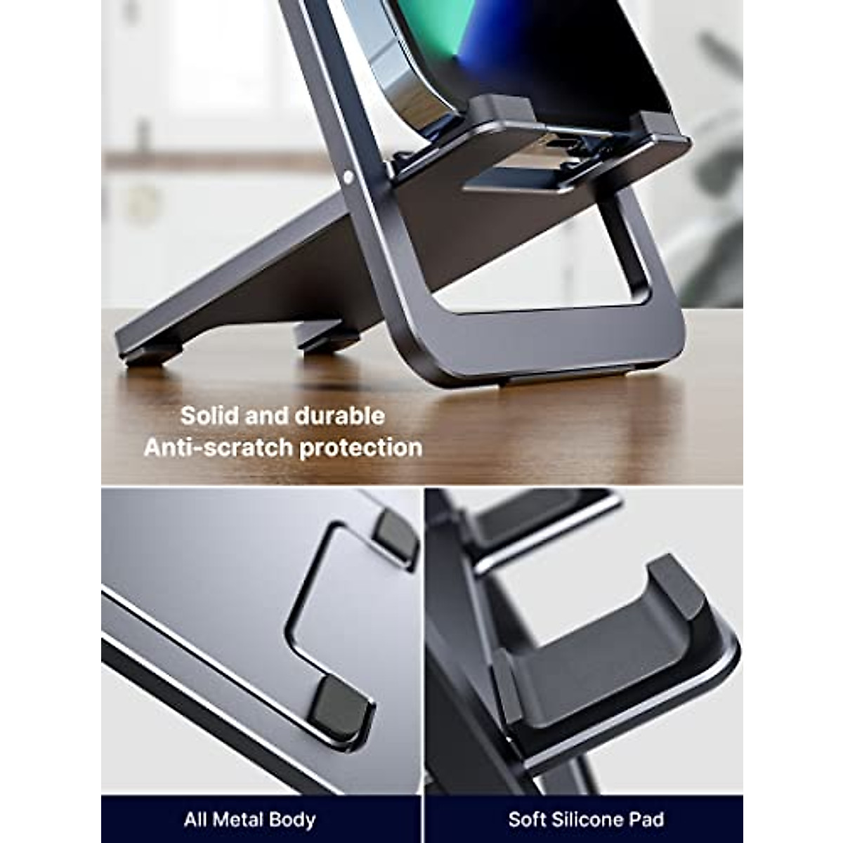 Cell Phone Stand, JSAUX Foldable Aluminum Adjustable Phone Holder for Desk Portable Travel Holder Office Desk Accessories Compatible for iPhone 14 13 12 11 Pro Max X Xr Samsung S22 S21 A53 Switch Grey
