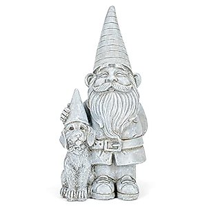 NAT & Jules Gnome and Dog Aged Cement Hue 12 inch Resin Stone Garden Statue