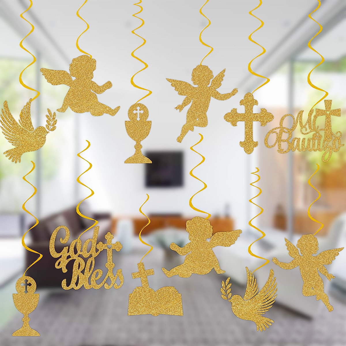 Mi Bautizo Party Decoration Baptism Decorations 24pcs Hanging Swirls Decoration God Bless Angel Gold Party Ceiling Decor Banner Supplies Baby Shower Birthday Party Decor, Assembled and Ready to Use
