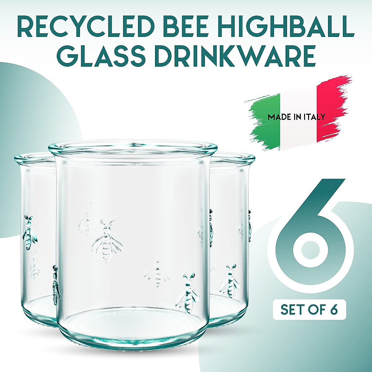 Amici Home Regina DOF Glass | 12 Oz | Italian Made, Recycled Green Glass | Drinking Glass with Embossed Bee Design for Water, Juice, Iced Tea, Cocktails (Set of 6)