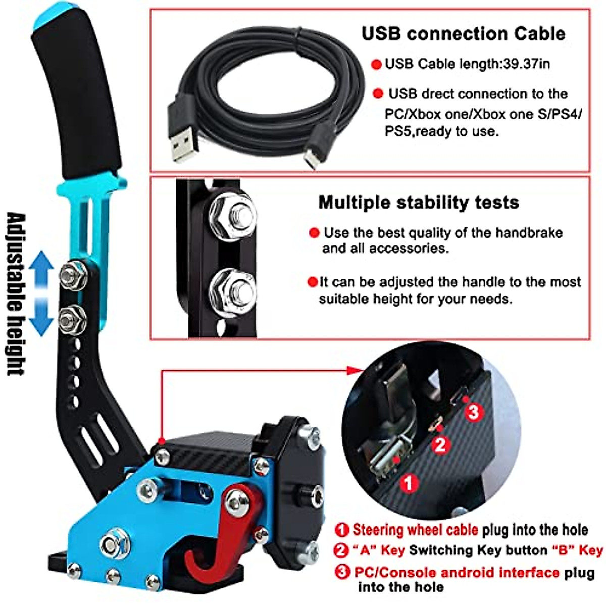 Obokidlyamor 64Bit USB Handbrake For 2 IN 1 Compatible with Microsoft PS4/PS5 Console Controller and PC system; Work on For Logitech G29 Racing Steering wheel (For PS4/PC, Blue)