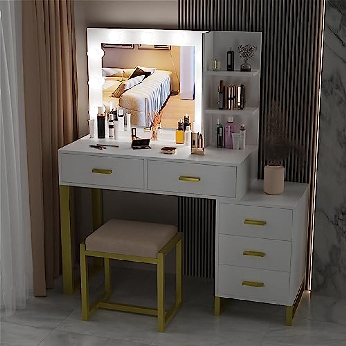 PAKASEPT Vanity Set with Lighted Mirror, Large Desk Makeup Dressing Table 9 LED Lights, 5 Drawers, Storage Shelves&Cushioned Stool for Bedroom, White, 45.51''L * 15.74''W * 51.37 ''H
