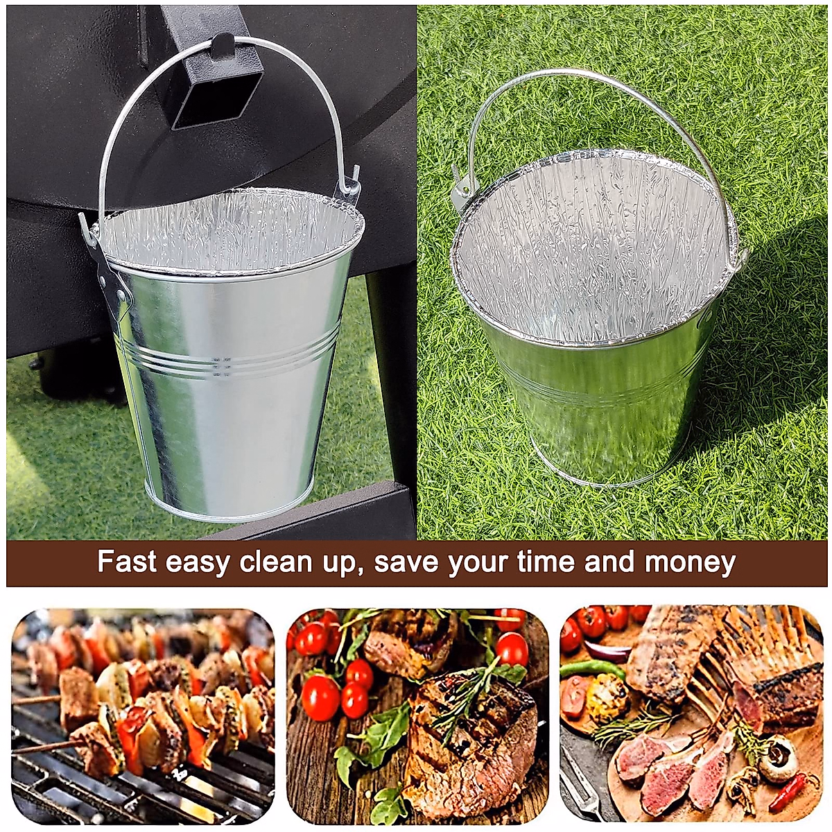 QuliMetal Drip Grease Bucket Can and 15-Pack Disposable Foil Liners Replaces HDW152 for Traeger & Pit Boss, Z Grill BBQ Grills, Rec Tec Pellet Grill Large Drip Bucket, Silver