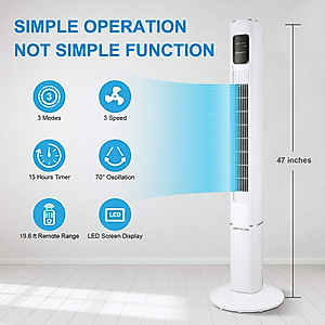 FREE VILLAGE 47'' Bladeless Tower Fan - 47 Inch Portable Tower Fan with Remote, 15 Hours Timer, 70¡ã oscillation, LCD Display, Compact Size, 3 Modes and 3 Speed Settings, Safe for Kids and Pets, White