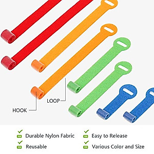 Cable Ties 100PCS，4+6+8+10 Inch Reusable Cable Management，Multi-Purpose Adjustable Cord Organizer，Fastening Microfiber Cloth Hook and Loop Cable Organizer Wire Straps，Assorted Colors