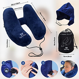 flybuddy Inflatable Neck Pillow for Traveling, Turtle Neck Pillow for Airplane Travel w/Travel Bag & Hood - Soft Microfiber Neck Pillow, Travel Accessory - Quickly Inflate in Seconds (Blue)