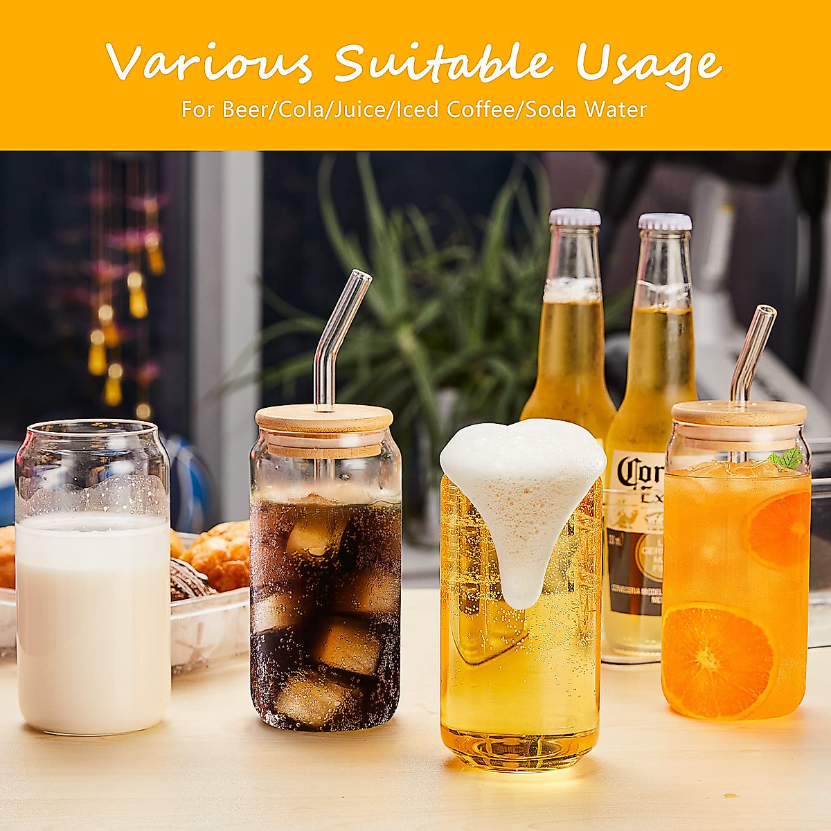 Yirilan 4pcs Glass Cups with Lids and Straws - 16 oz Glass Cups with Bamboo Lids, Iced Coffee Cup, Drinking Glasses, Clear Glass Cups- 2 Cleaning Brushes
